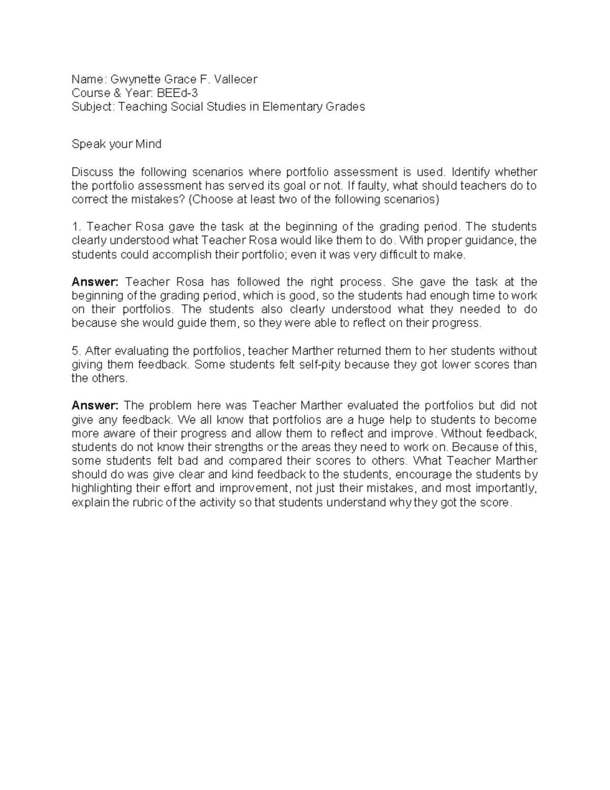 TSOS 1 - Lesson 10: Evaluating Portfolio Assessment Scenarios - Studocu