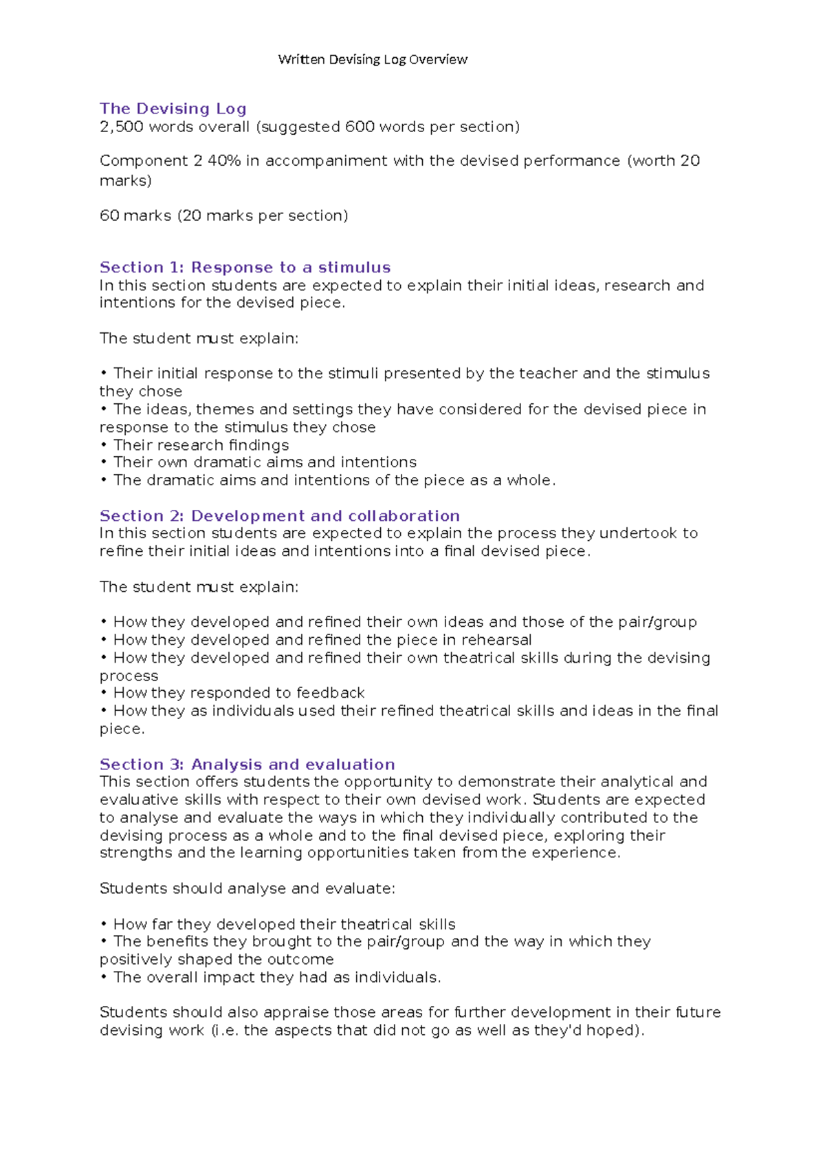 Devising Log Overview & Student Info Handout for Component 2 - Studocu