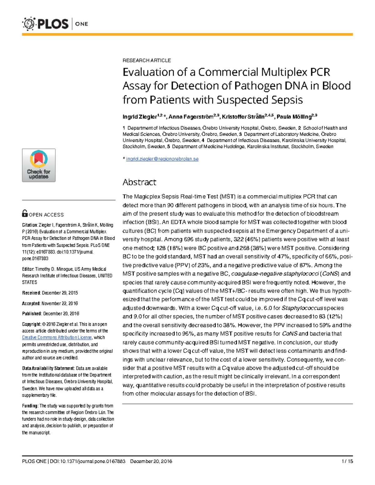 Evaluation of Magicplex PCR for Pathogen Detection in Sepsis (PONE ...