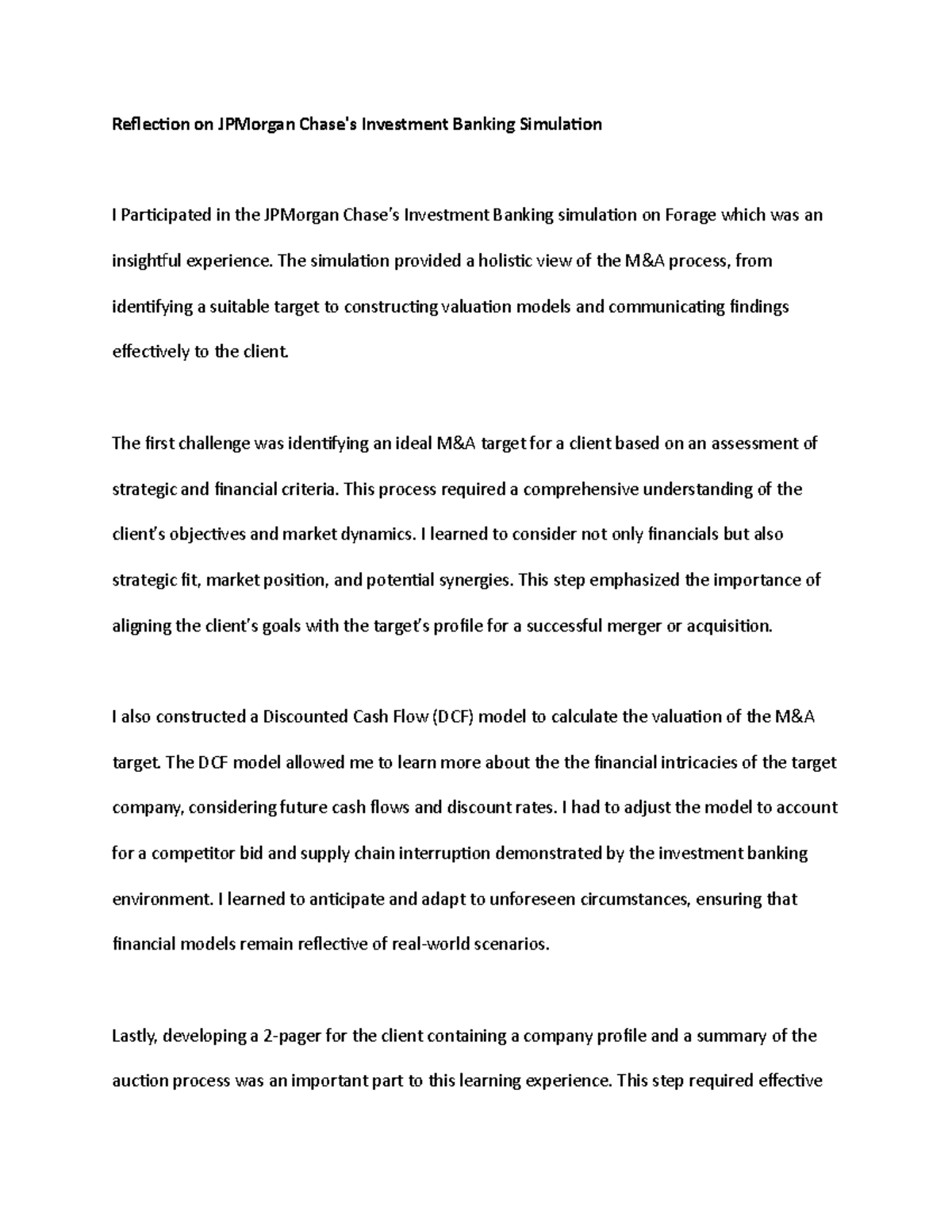 Reflection on JPMorgan Chase's Investment Banking Simulation - Studocu