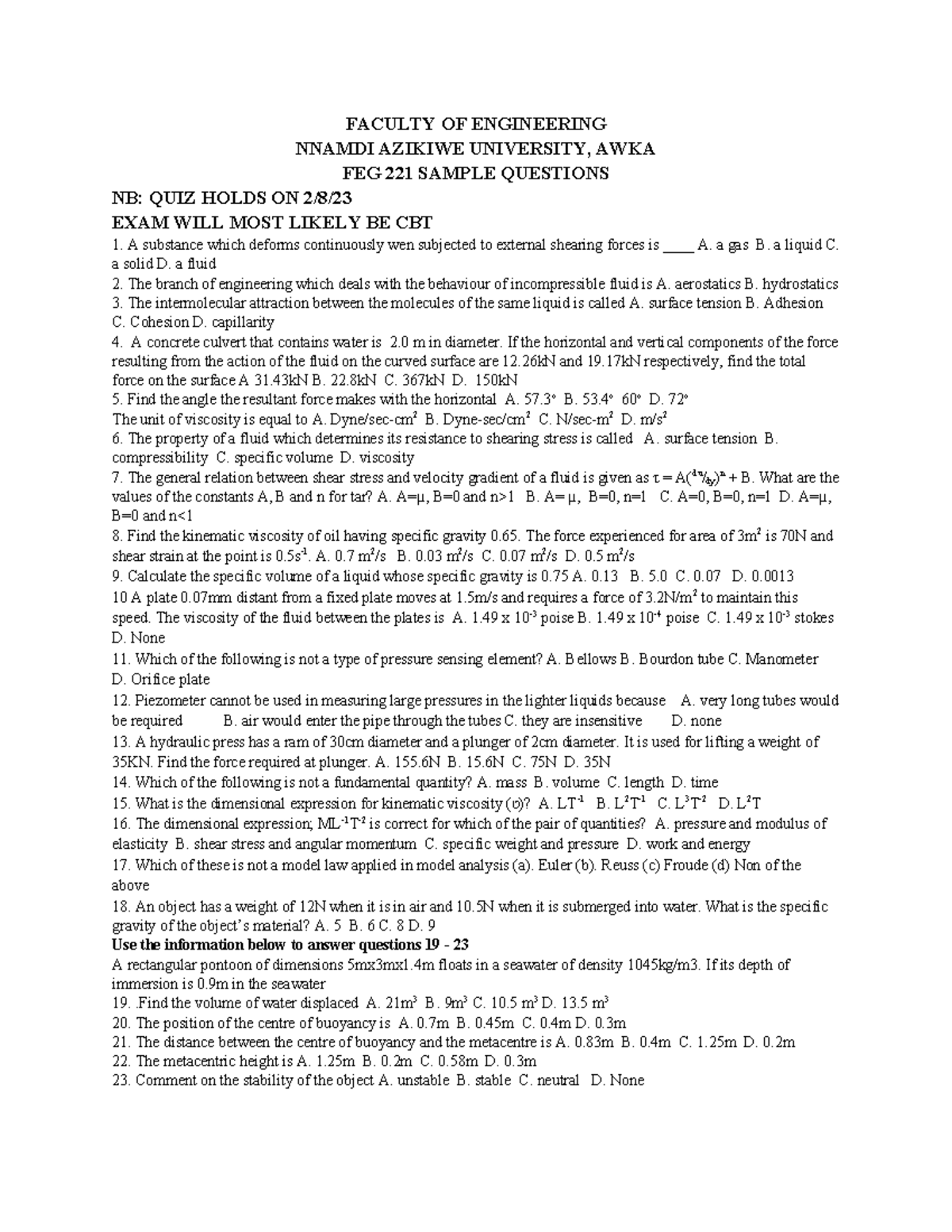 FEG 221 Sample Questions - FACULTY OF ENGINEERING NNAMDI AZIKIWE UNIVERSITY, AWKA FEG 221 SAMPLE ...