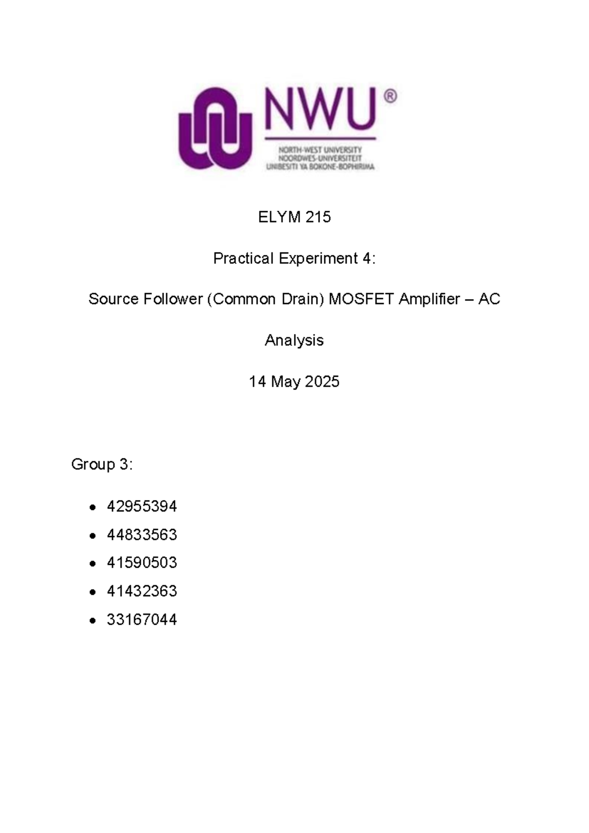 ELYM 215 Practical Experiment 4: AC Analysis of Source Follower MOSFET ...