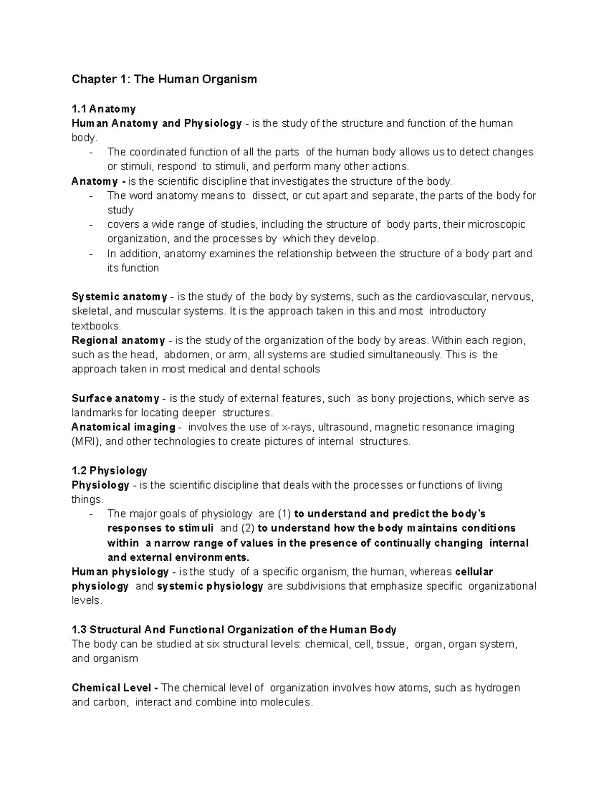 Anaphy 101: Chapter 1 - The Human Organism Overview - Studocu