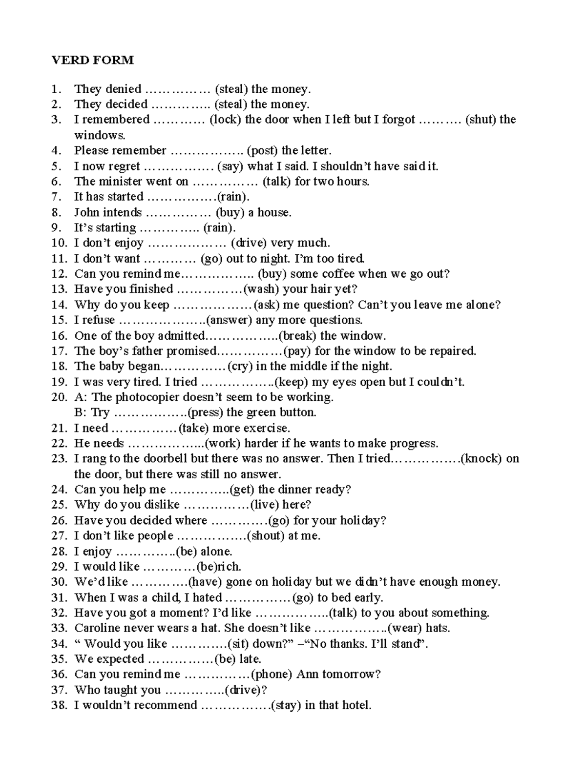 Verb Form Exercises - Part 1 (ENG 101) - Studocu