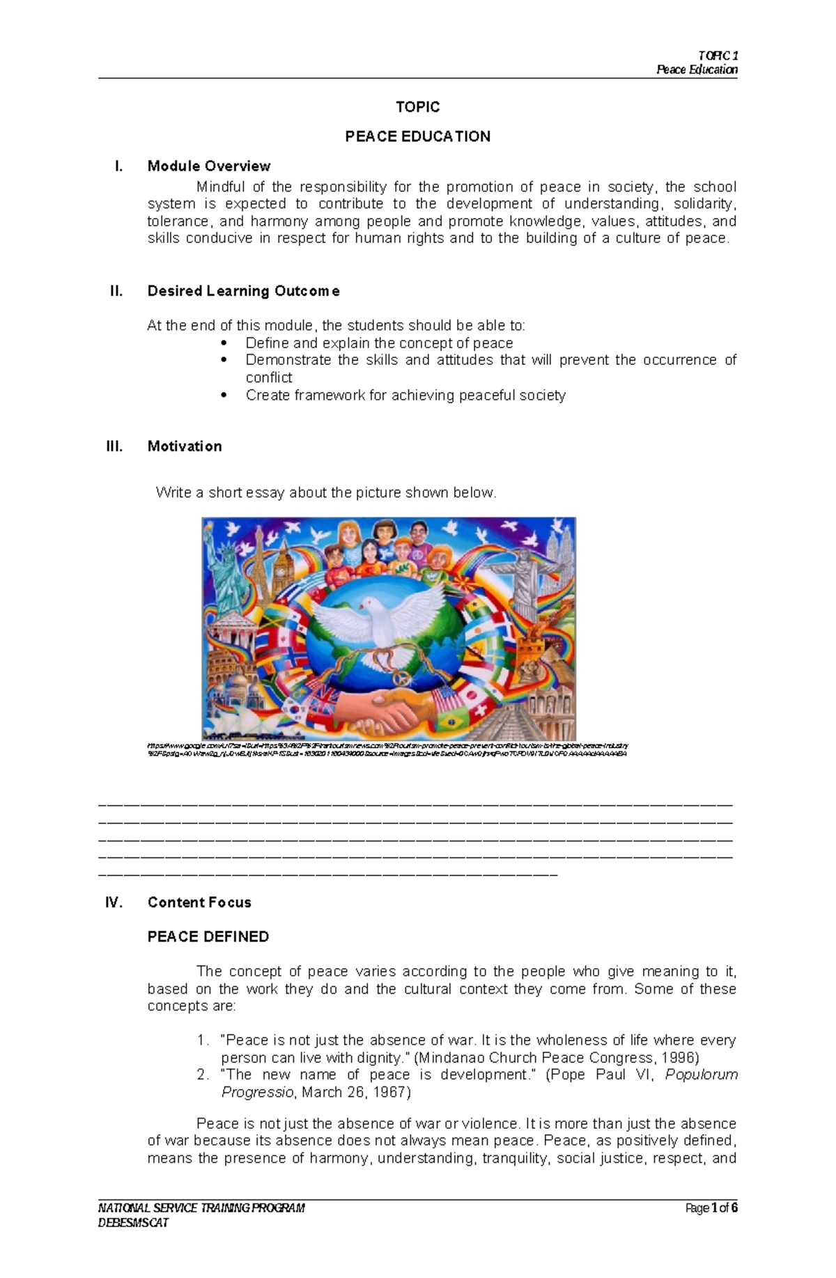 NSTP Module: Comprehensive Guide to Peace Education Principles - Studocu