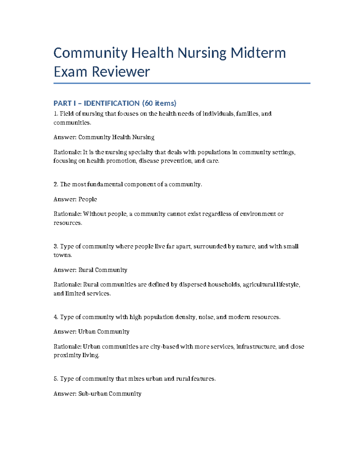 CHN 101 Midterm Exam Reviewer: Community Health Nursing Concepts - Studocu