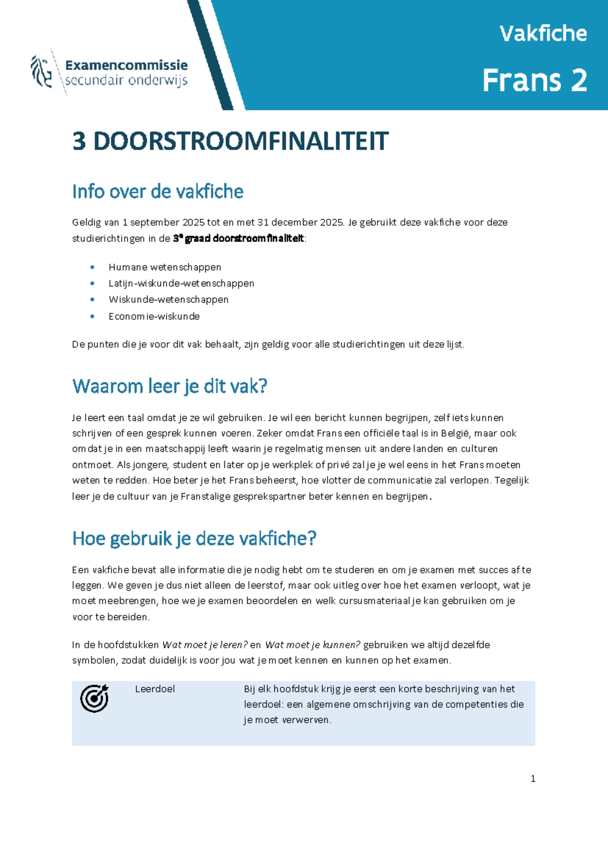 2025 Frans 3DDO Vakfiche en Exameninformatie voor Doorstroomfinaliteit - Studocu