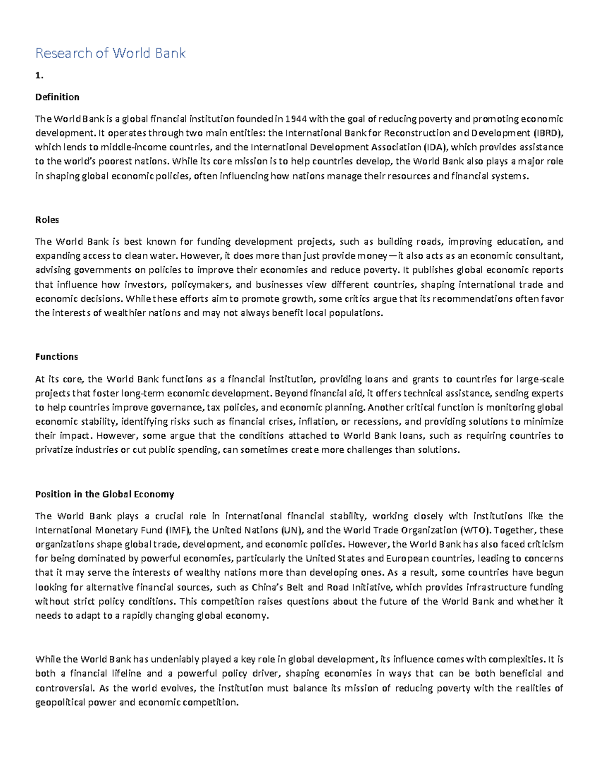 Research on the World Bank: roles, functions, and global impact - Studocu