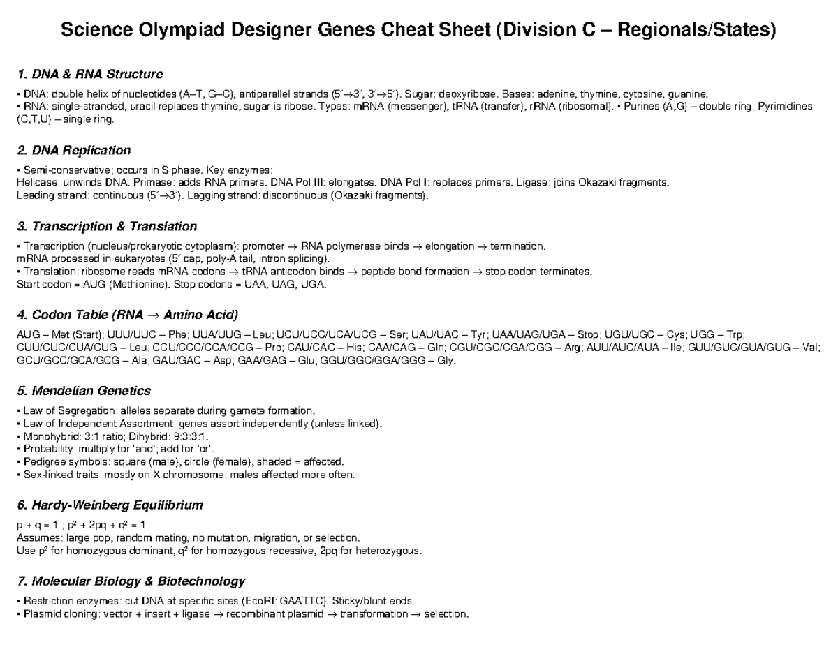 Designer Genes Cheat Sheet (Sci Olympiad Div C) - Studocu