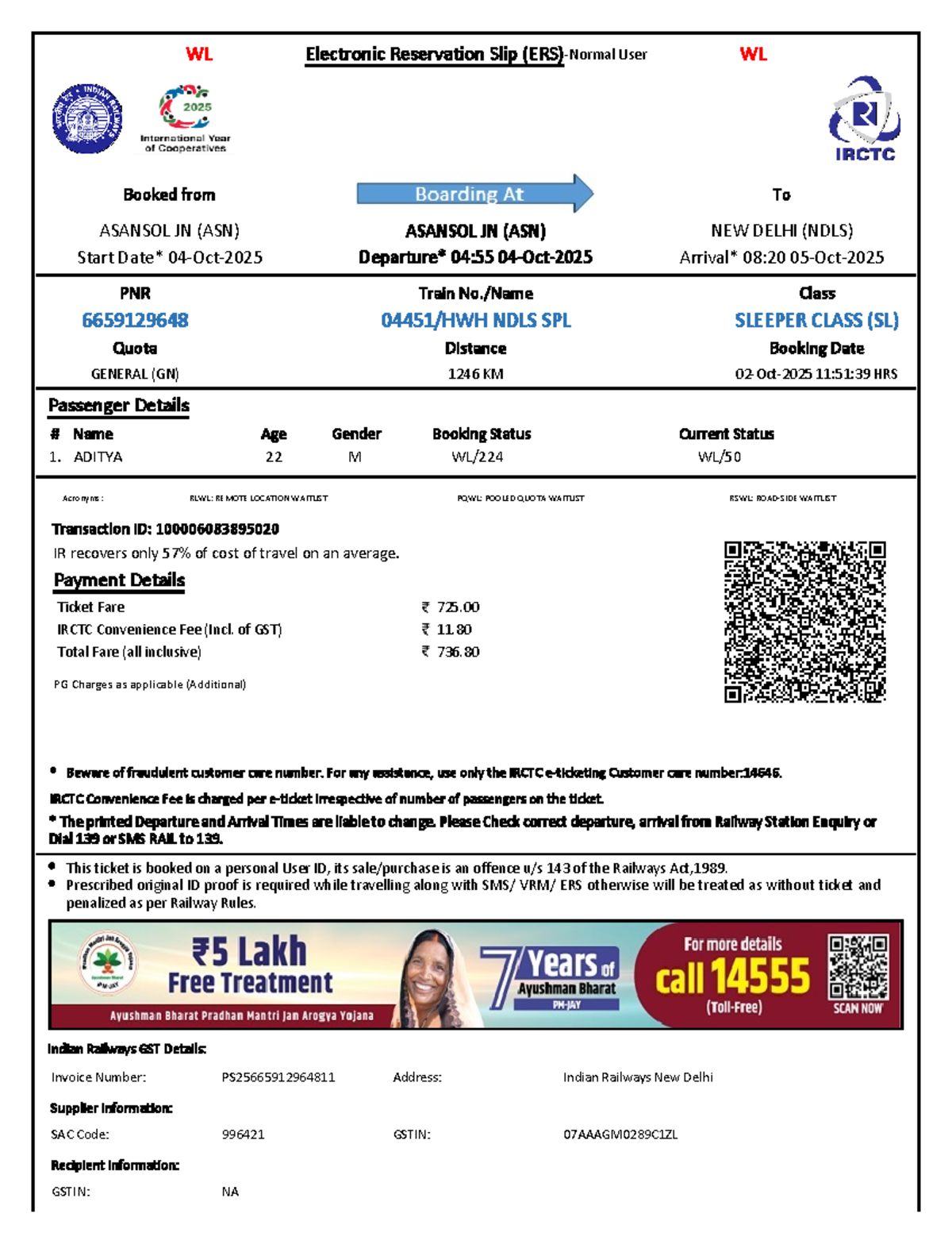 WL Electronic Reservation Slip for Train 6659129648 from ASN to NDLS ...