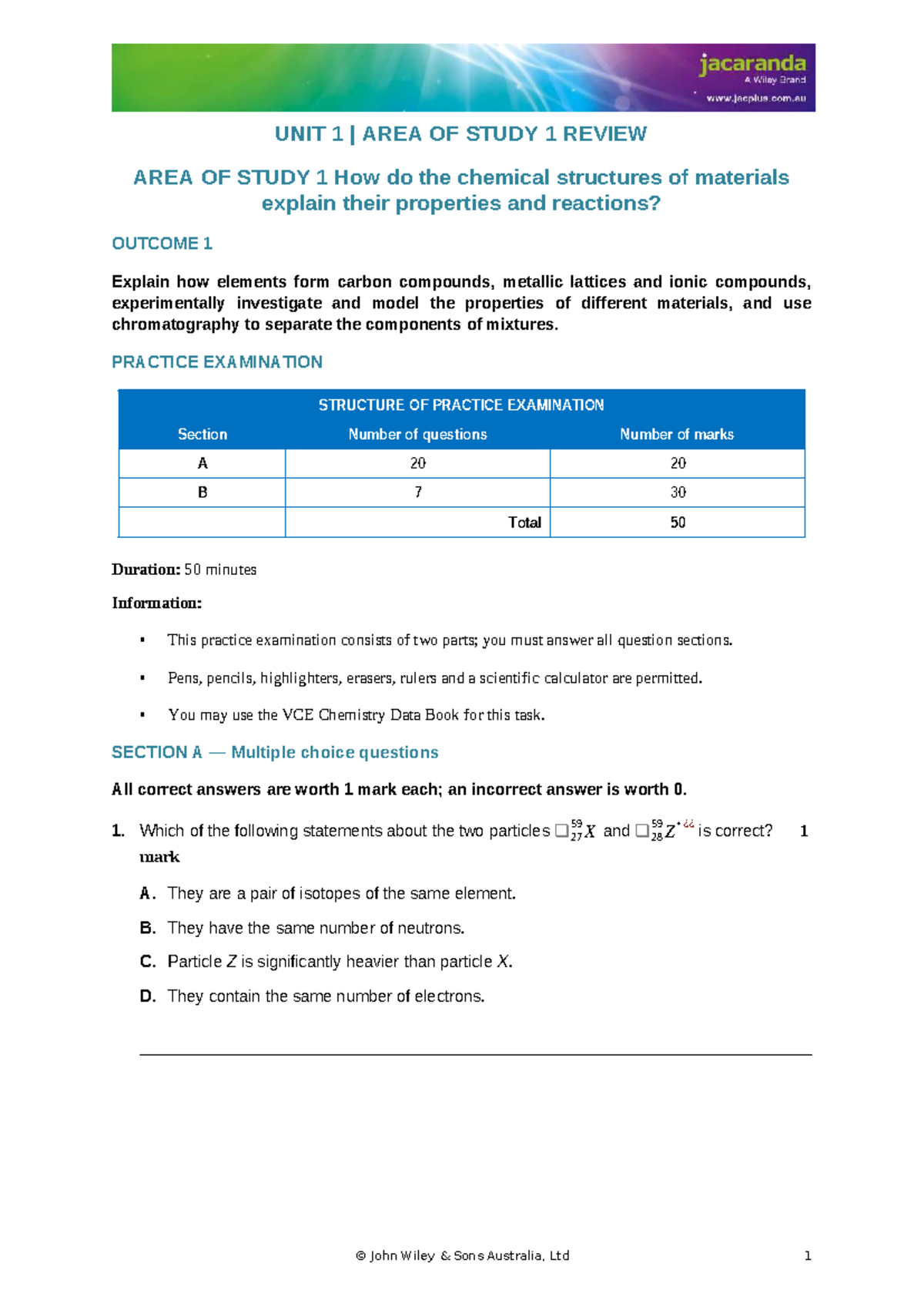 2023 Unit 1 AOS 1 Chemistry Practice Exam Review and Questions - Studocu