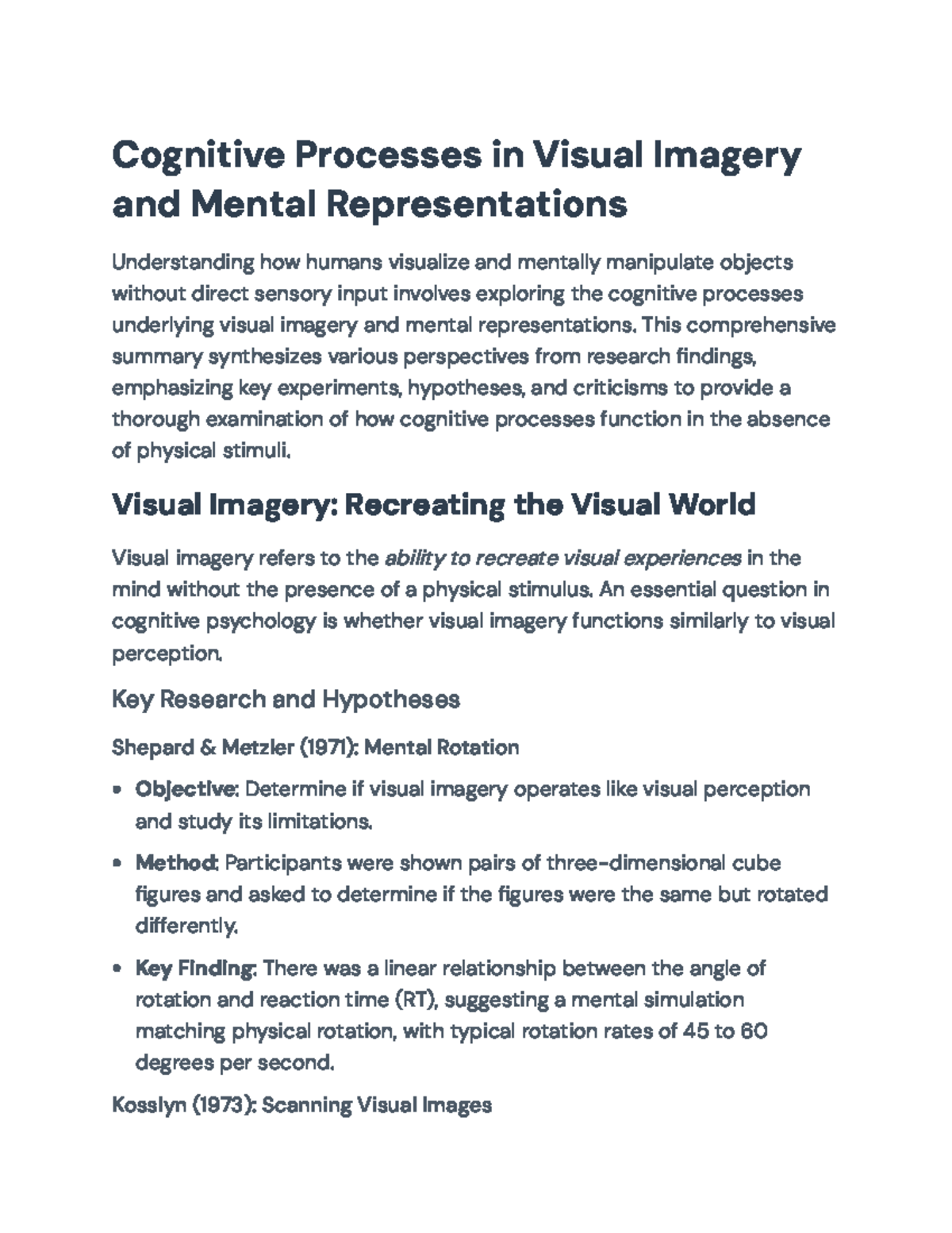 Cognitive Processes in Visual Imagery and Mental Representations ...