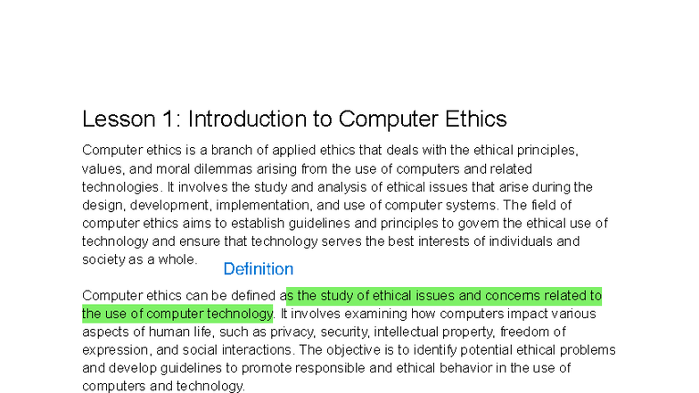 Lesson 1: Intro to Computer Ethics and Its Key Principles - Studocu