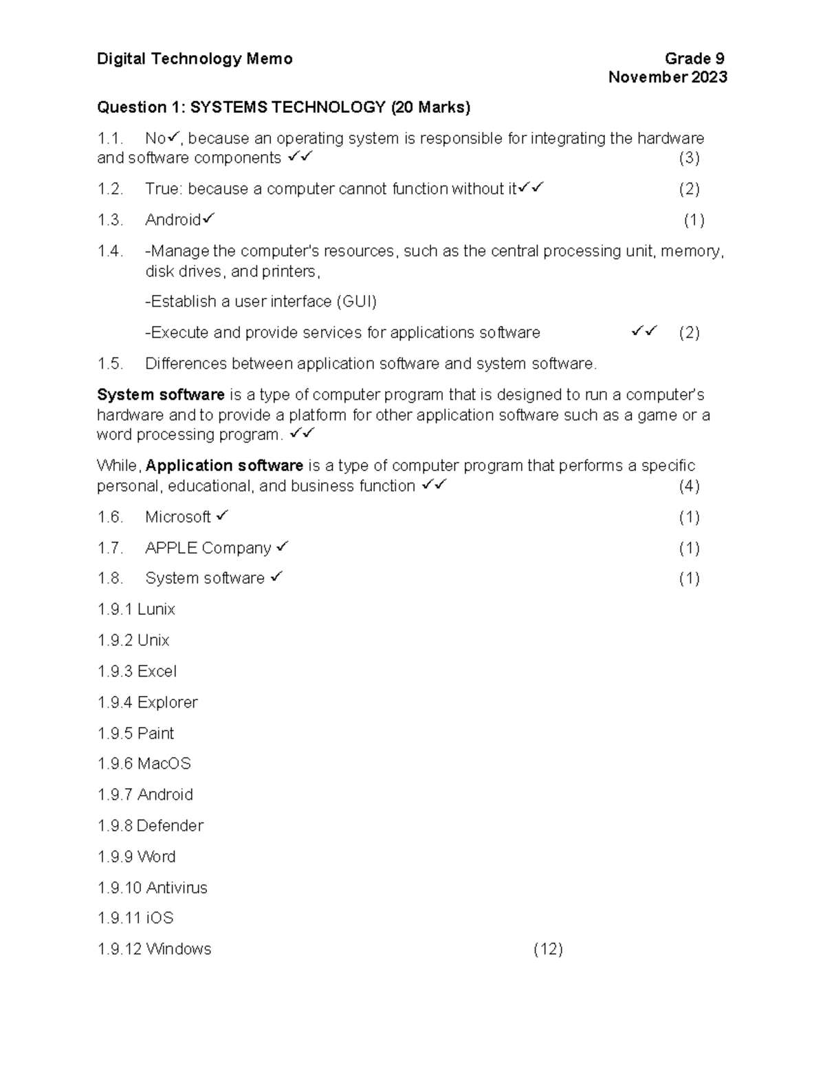 Digital Technology Grade 9 Final Exam Memo - Nov 2023 - Studocu