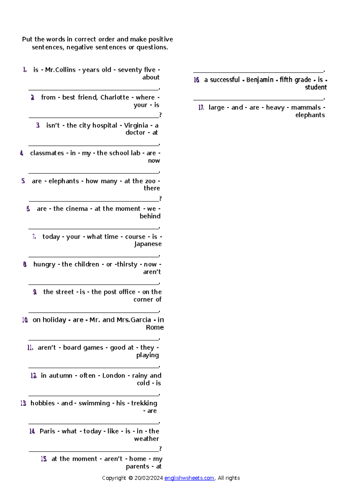 ESL Printable Word Order Exercise Worksheet: Positive, Negative ...