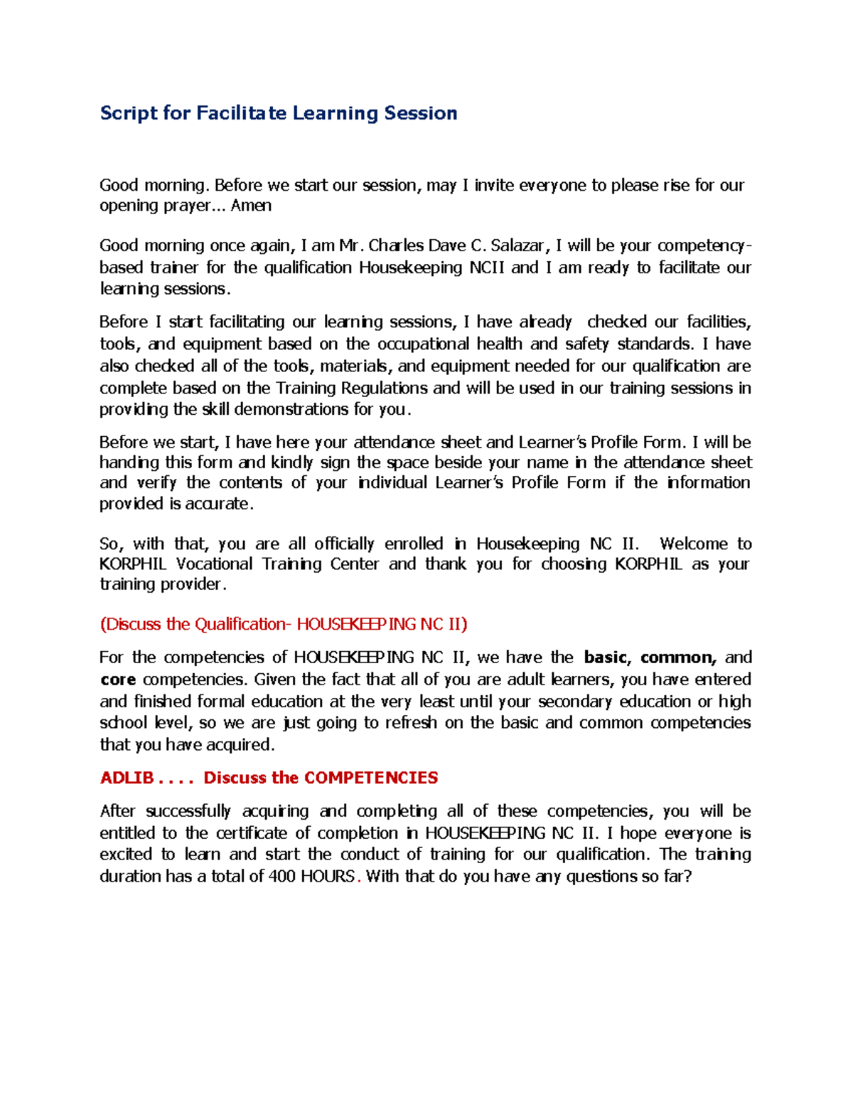 FLS-Script-TM - Facilitating Learning Session in Housekeeping NC II - Studocu