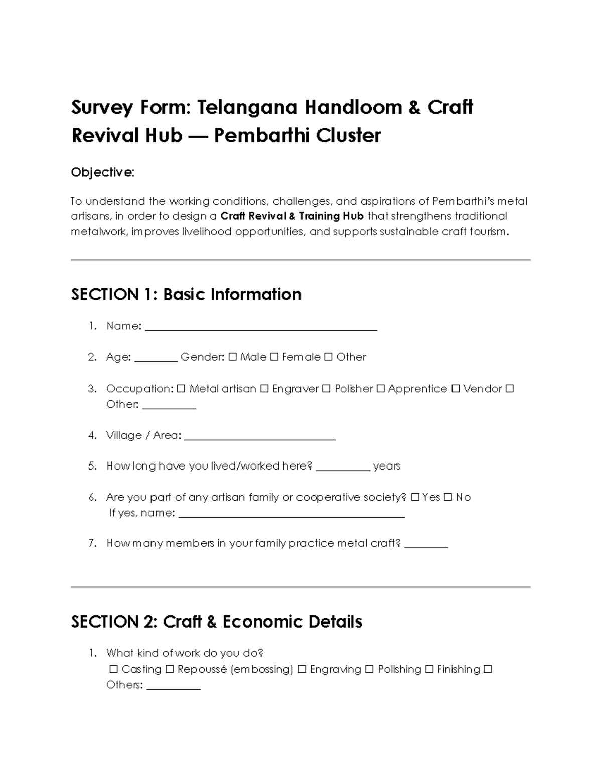 Survey Form: Telangana Handloom Craft Revival Hub - Pembarthi Cluster ...