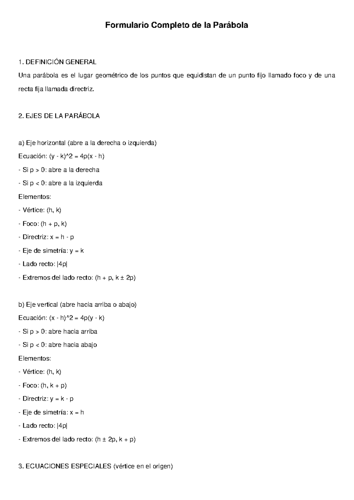 Formulario Completo de la Parábola - Definiciones y Ejes - Studocu