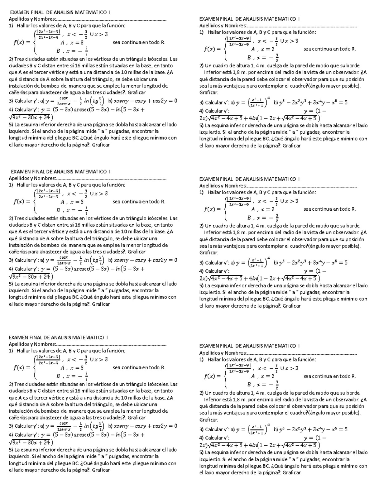 Examen Final de Análisis Matemático I: Problemas y Soluciones - Studocu