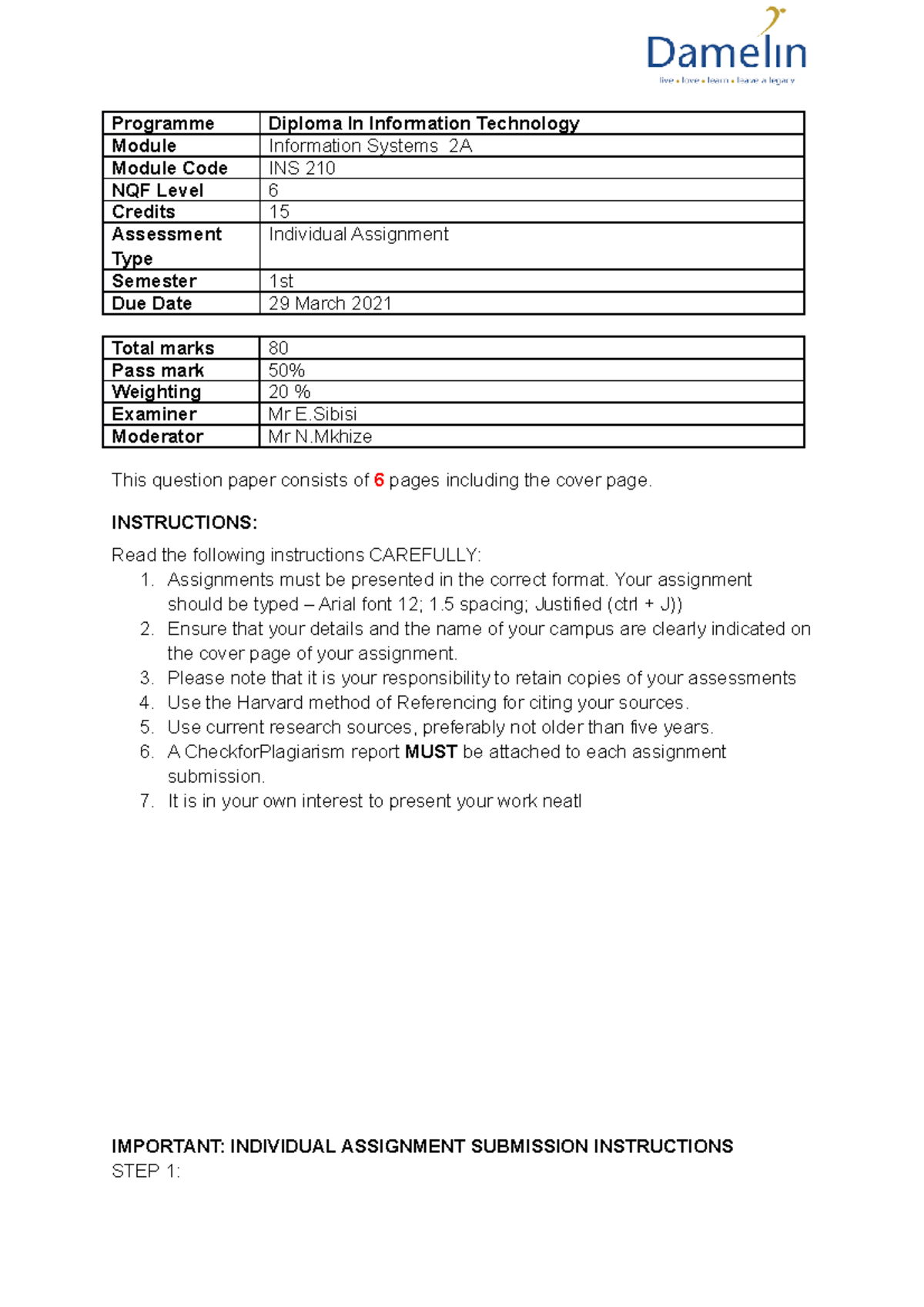 Information Systems 2A assigement 2021 - Programme Diploma In ...