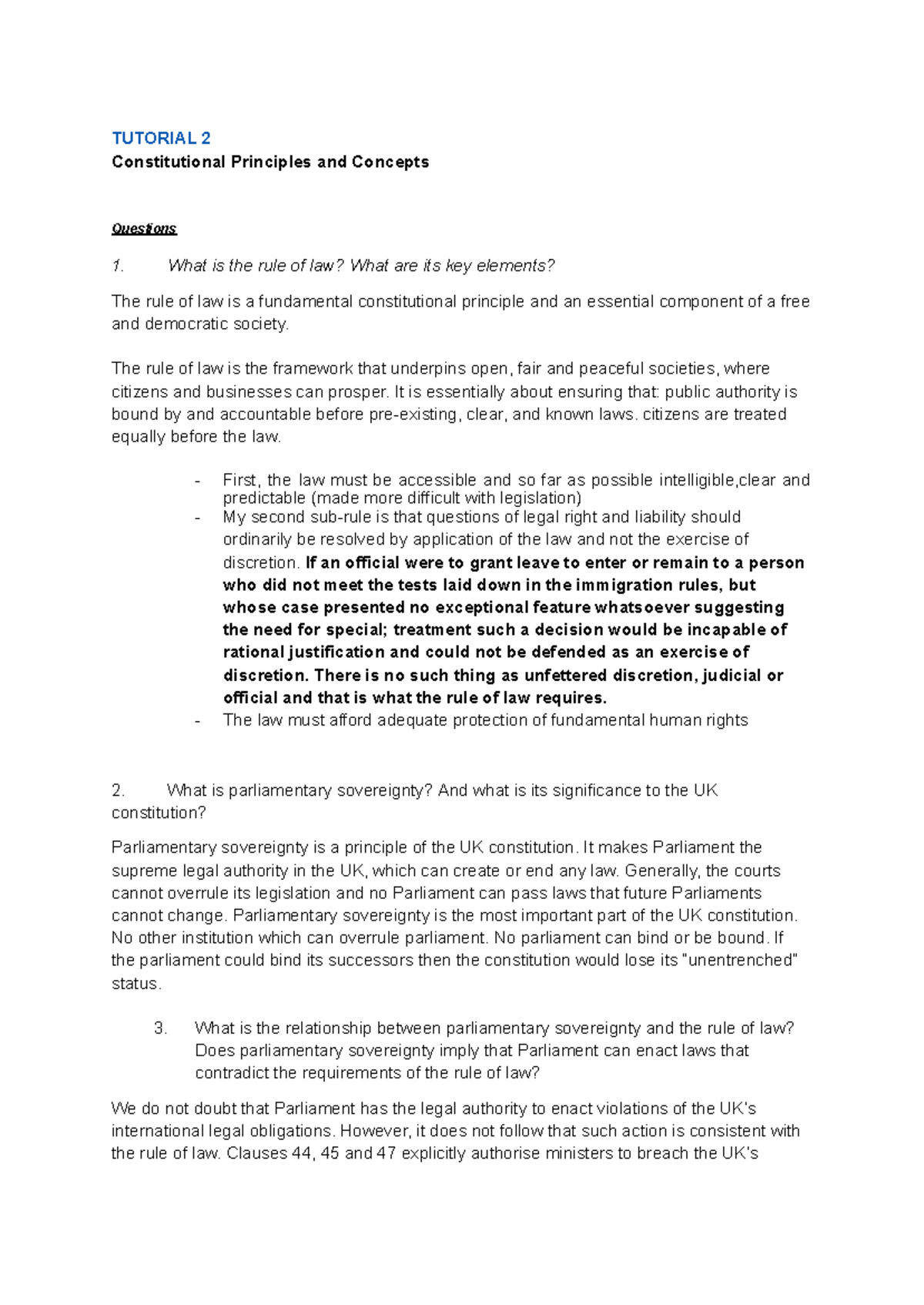 Tutorial 2: Constitutional Principles & Rule of Law in the UK - Studocu