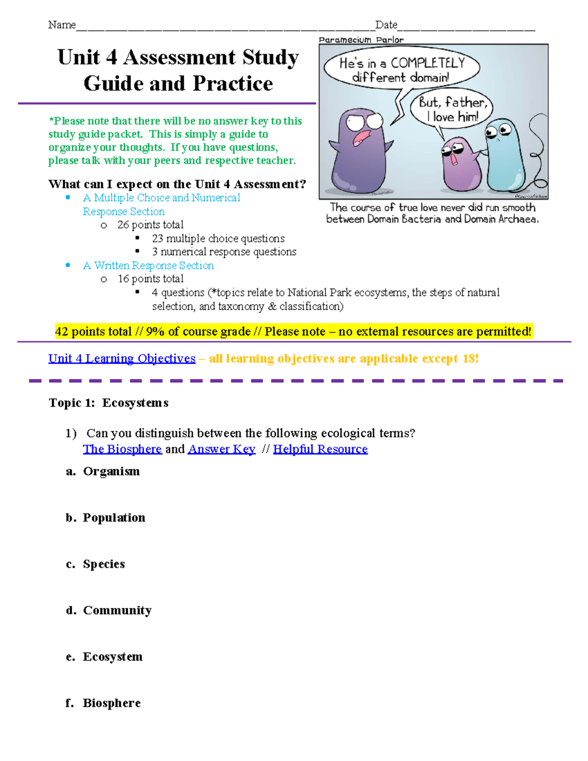 Unit 4 Nat Sel Assessment Study Guide: Ecosystems & Evolution Concepts ...