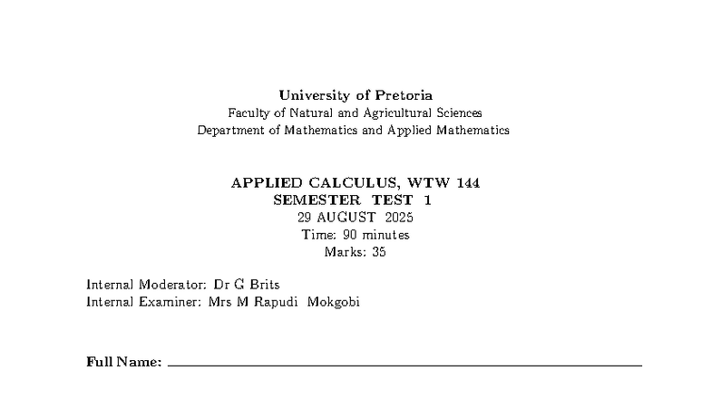WTW 144 Semester Test 1 Memorandum - University of Pretoria Faculty of ...