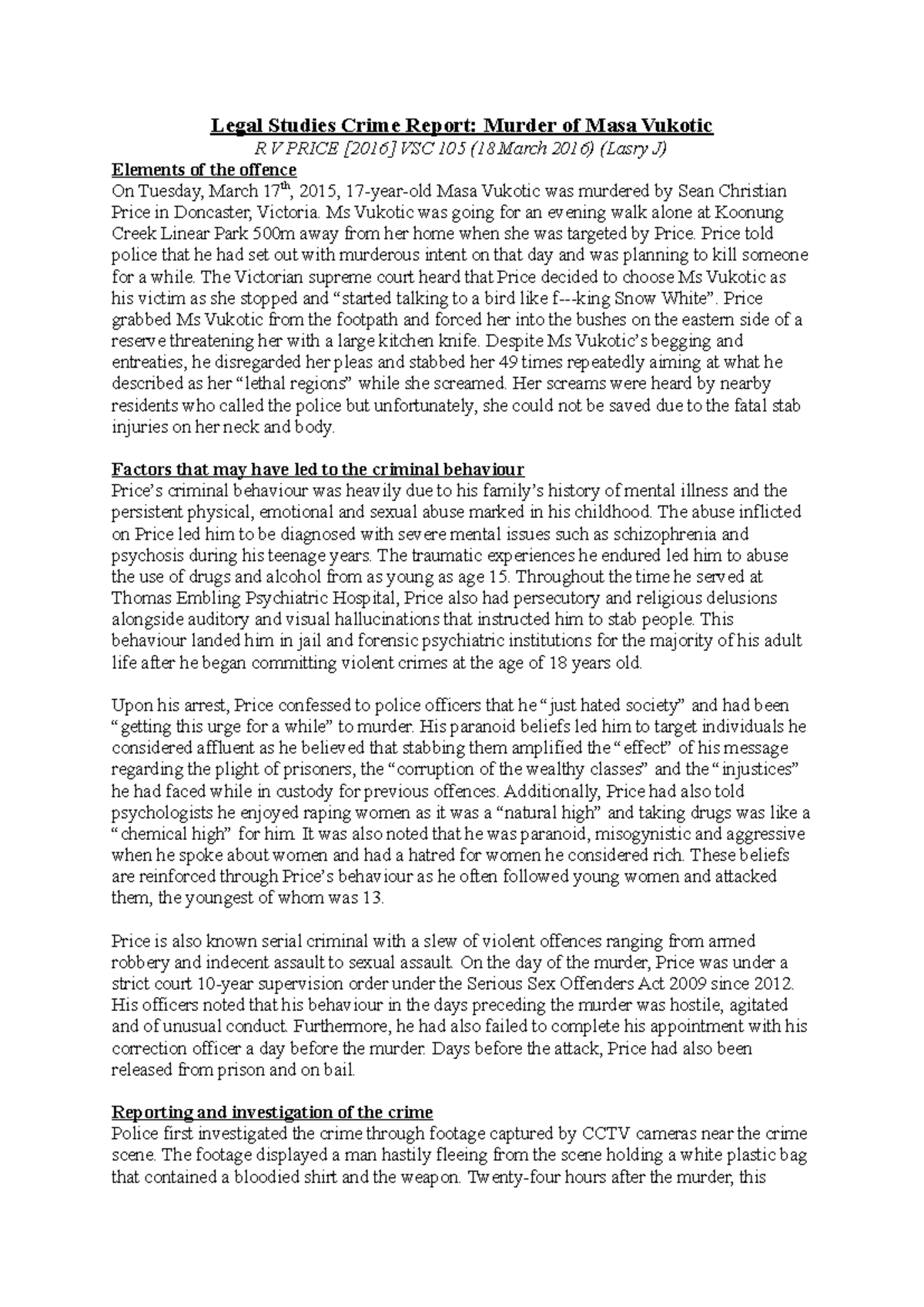 Legal Studies Crime Report: Murder of Masa Vukotic - R V PRICE VSC 105 ...
