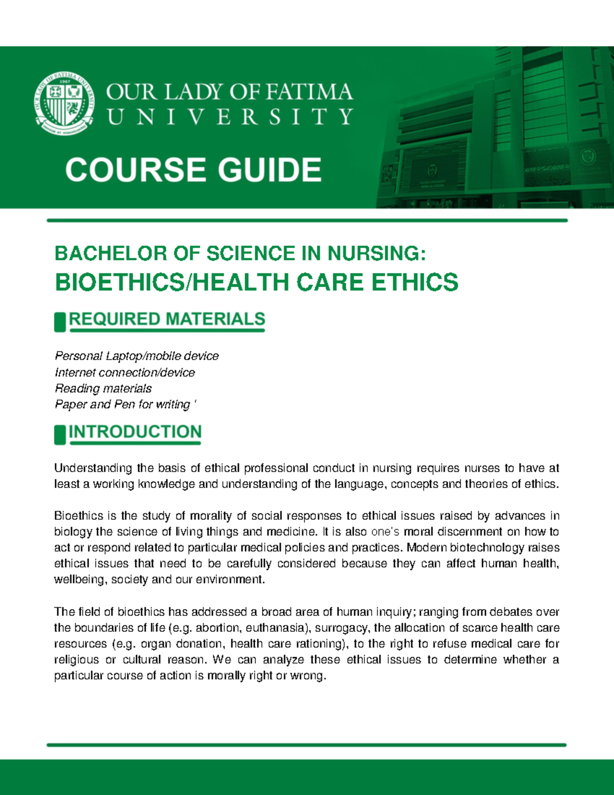 BSCN 101: Course Guide on Bioethics in Nursing Care Ethics - Studocu