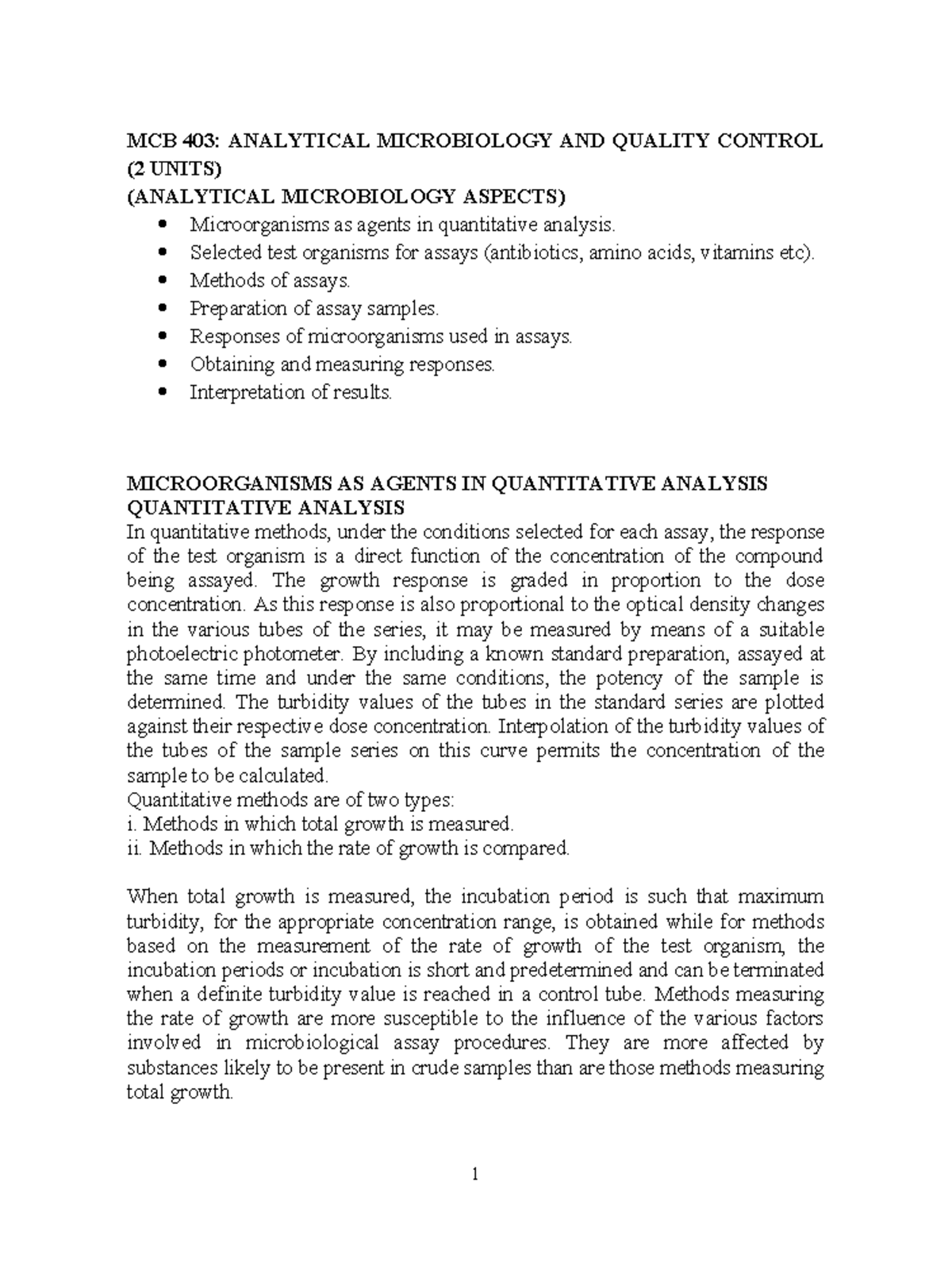 MCB 403 - Analytical Microbiology: Methods & Assays Overview - Studocu