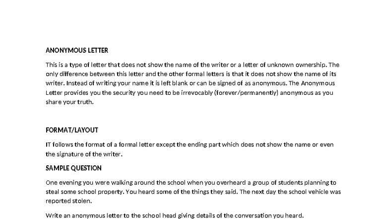 Anonymous Letter - Writing Task 2: Reporting School Incidents - Studocu