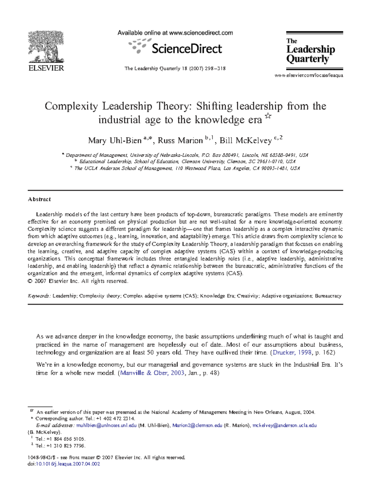 Complexity Leadership Theory: Navigating Change in the Knowledge Era ...