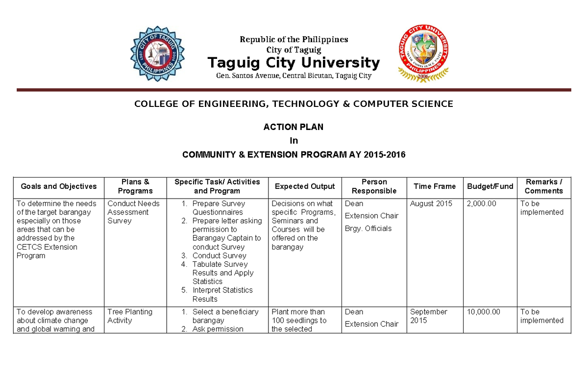 CETCS 2015-2016 Community Extension Program Action Plan - Studocu