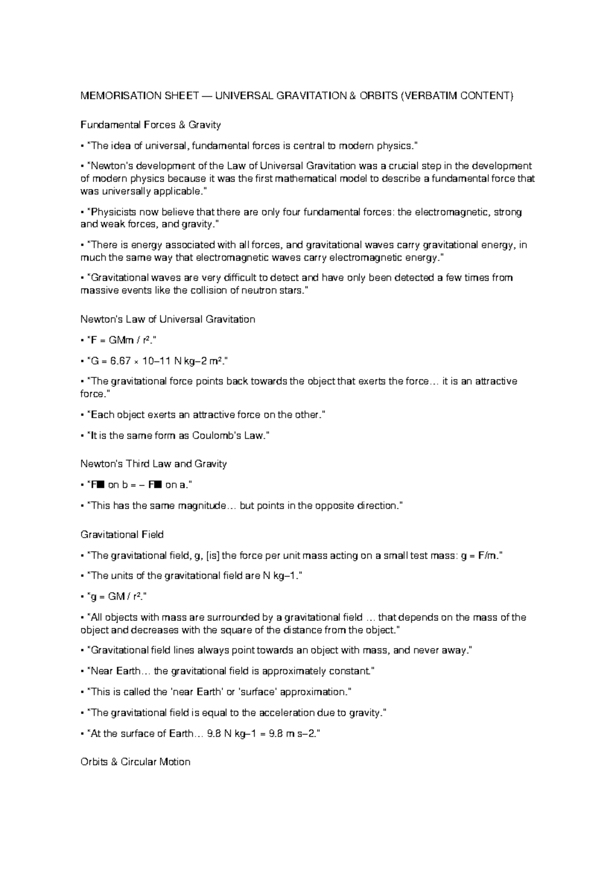 PHYS 101: Memorisation Sheet on Universal Gravitation & Orbits - Studocu