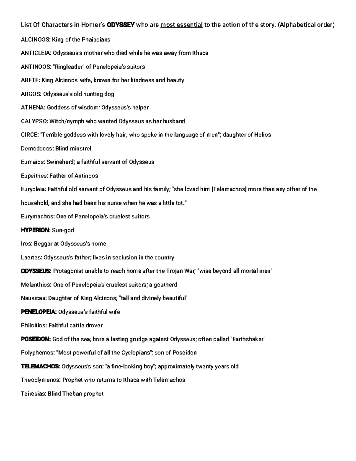 Essential Characters in Homer's Odyssey (Alphabetical Order) - Studocu