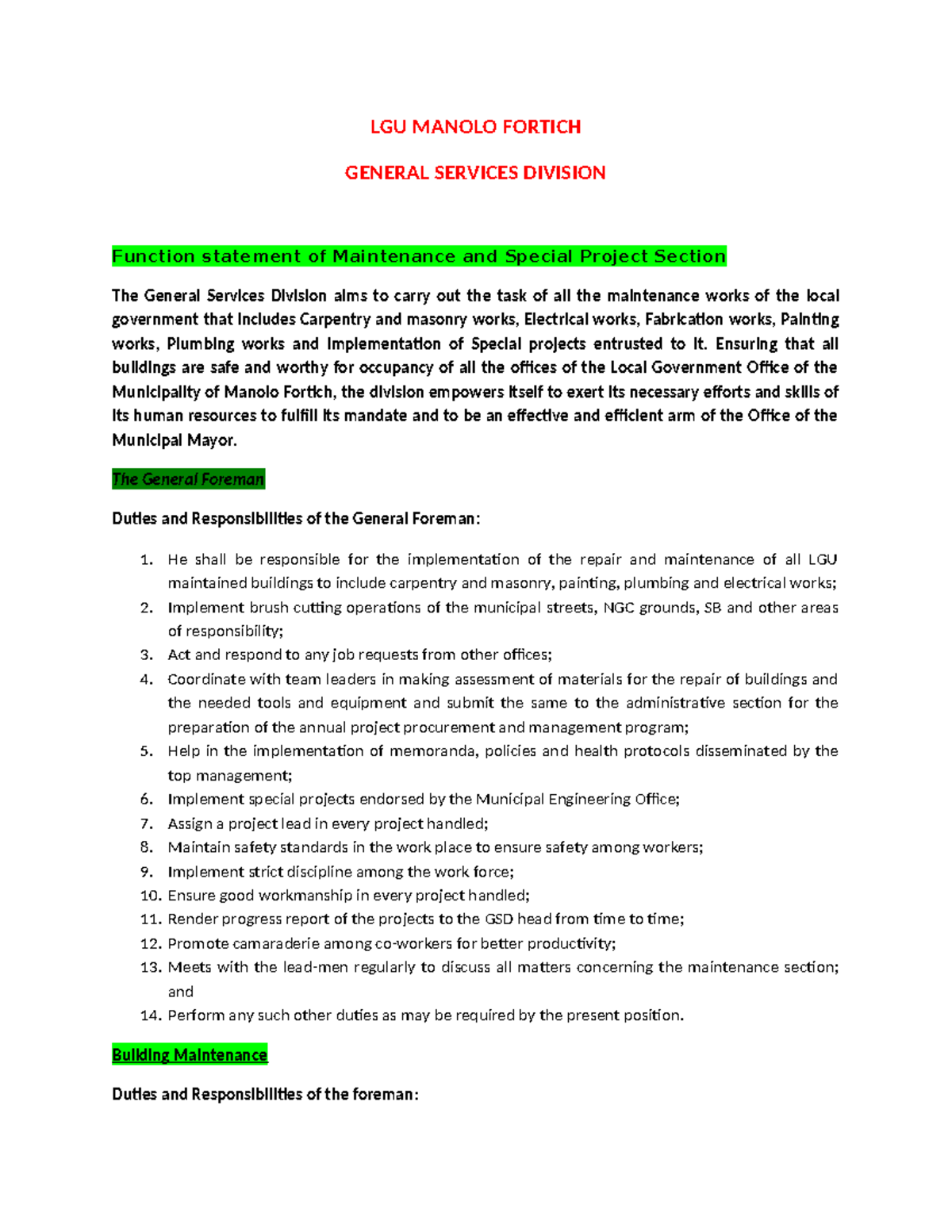 GSD Functions: Maintenance and Project Responsibilities Overview - Studocu