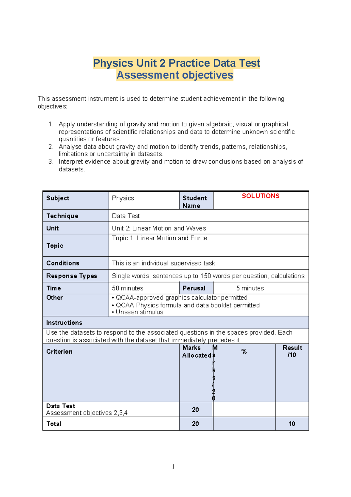 Physics Unit 2 Practice Data Test Solutions - Week 6 - Studocu