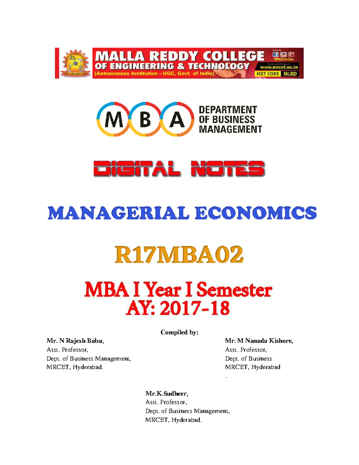 ME R17MBA02 Managerial Economics Notes for MBA I Year I SEM - Studocu