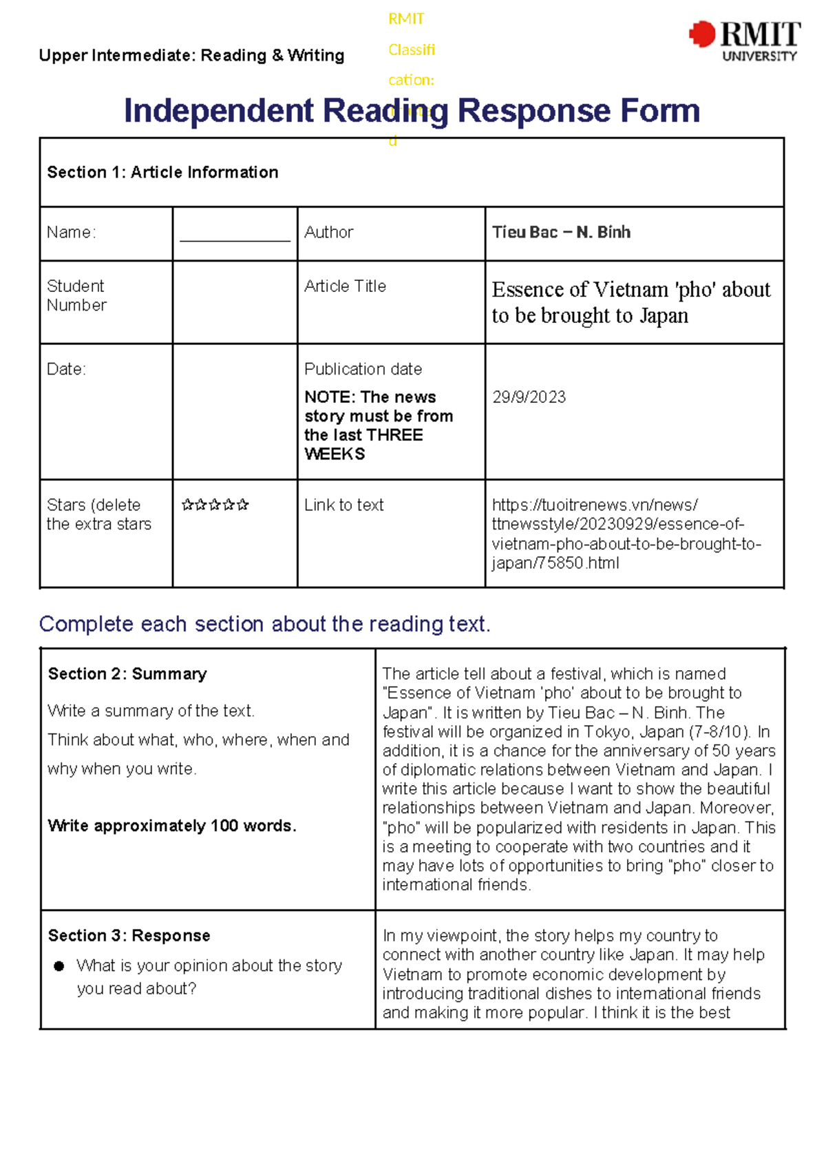 Independent Reading Response Form: 'Essence of Vietnam Pho' (UI-RW ...