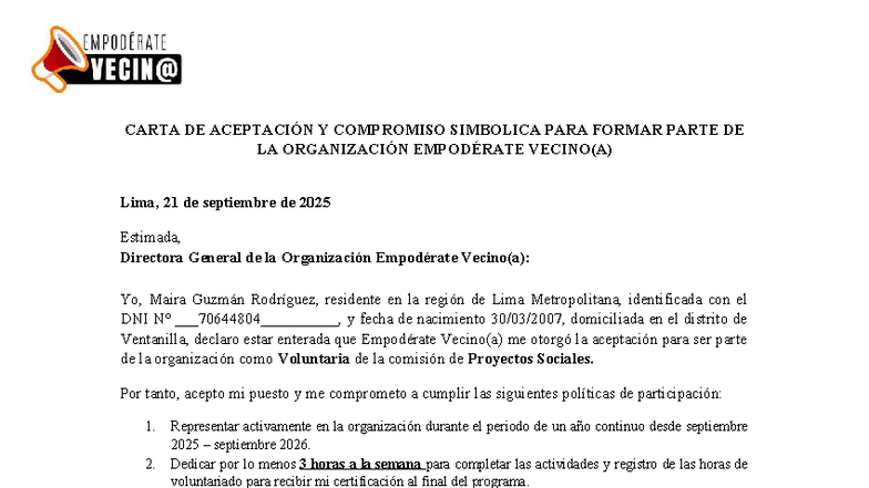 CARTA DE ACEPTACIÓN Y COMPROMISO VOLUNTARIO - EMPODÉRATE VECINO(A ...