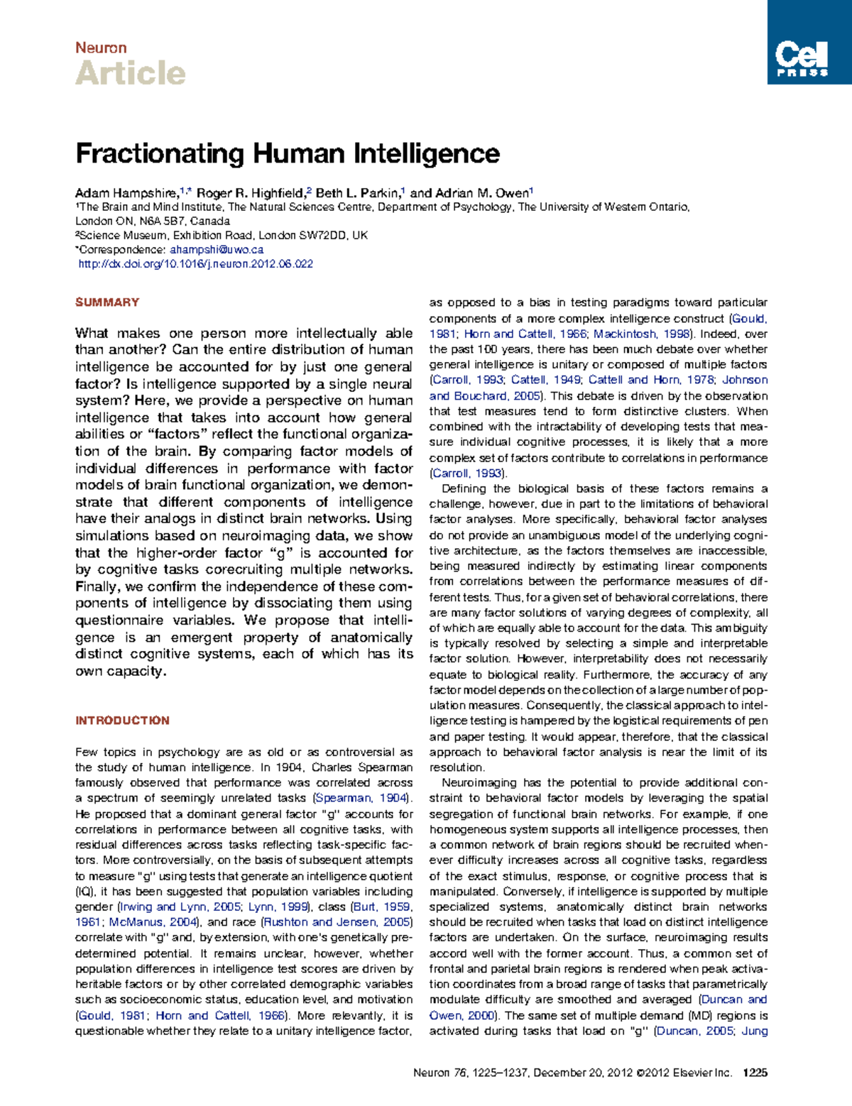 Neuron 76: Fractionating Human Intelligence - Insights from ...