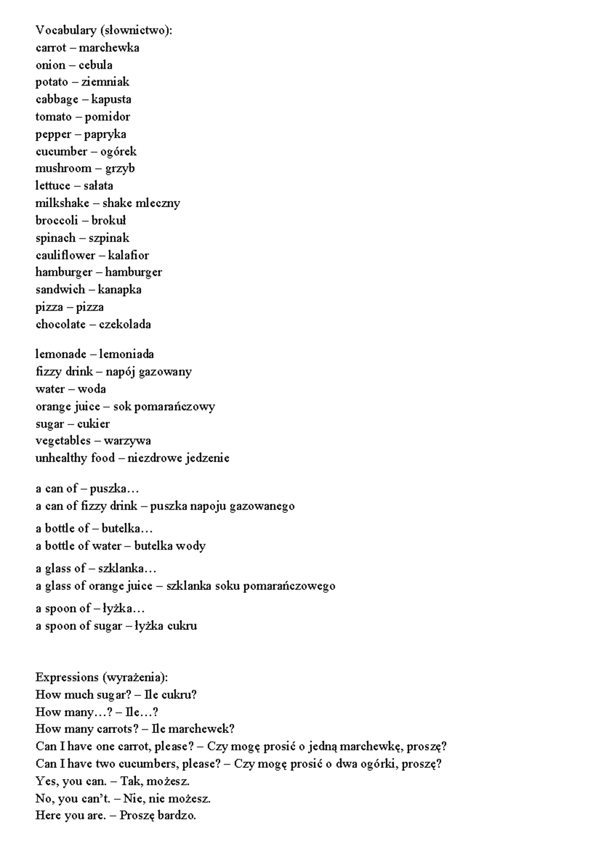 Vocabulary and Expressions for Food (Unit 4 Shine on 3) - Studocu