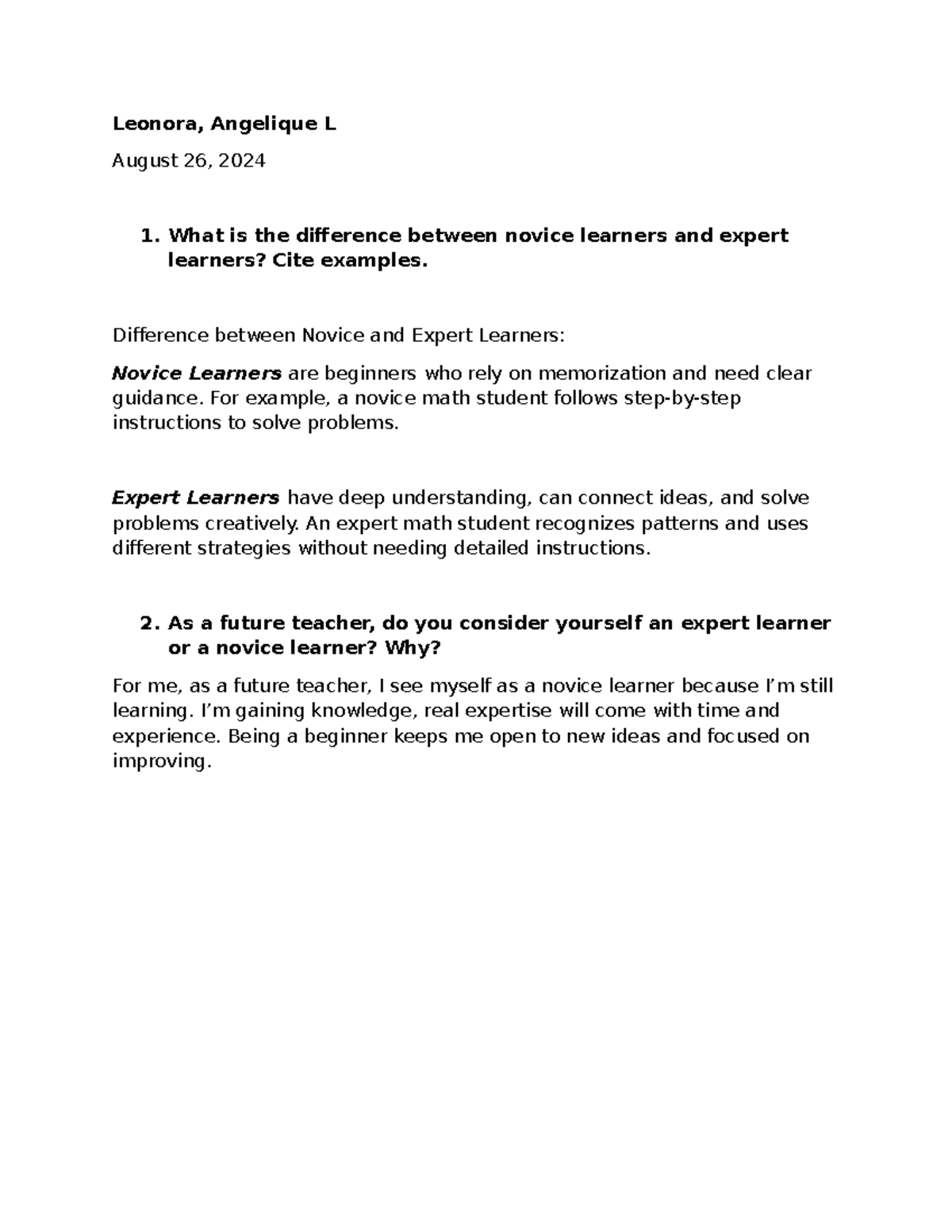 EDU 202: Differences Between Novice and Expert Learners Explained - Studocu