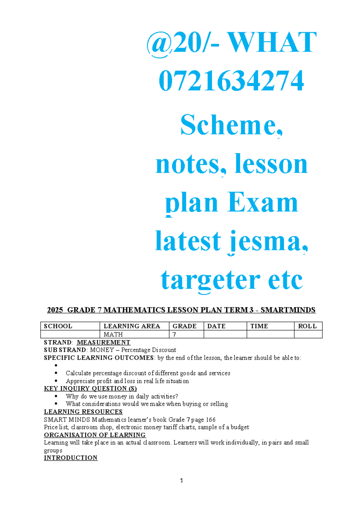 0721634274 Grade 7 Mathematics Term 3 Lesson Plan on Money & Angles ...