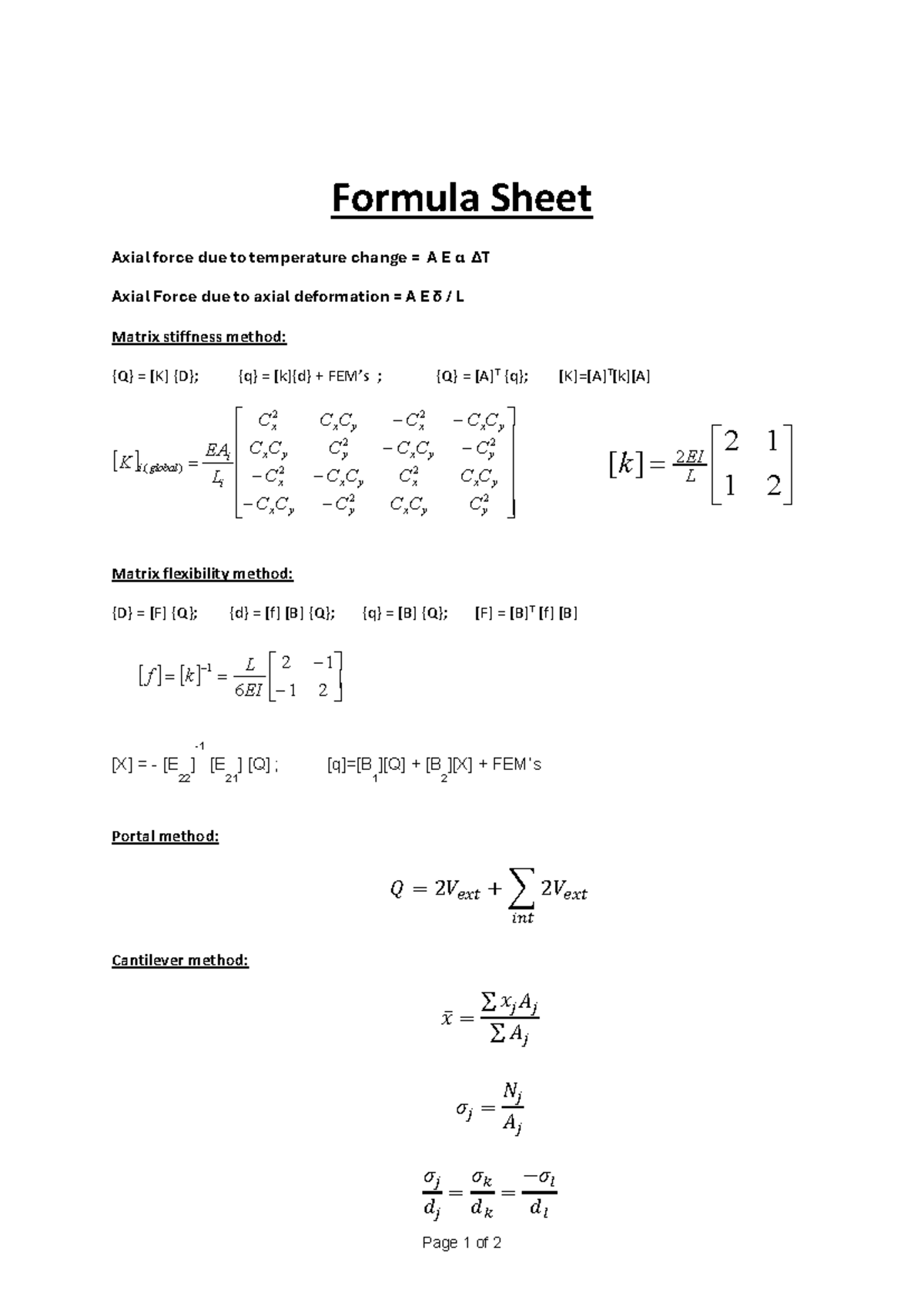 Axial Force and Stiffness Methods Formula Sheet for Engineering - Studocu