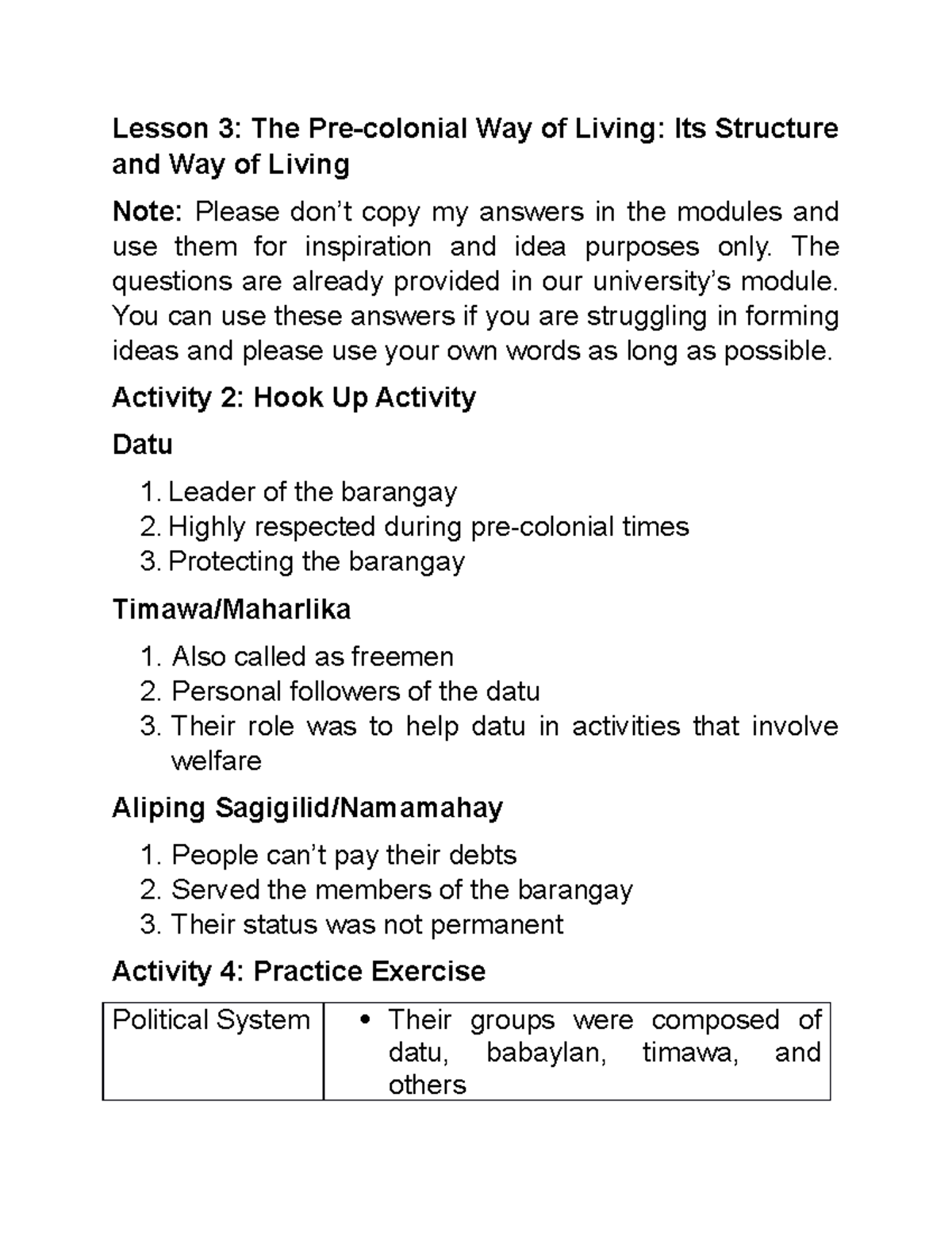 GEN 004 Lesson 3 Answers - Lesson 3: The Pre-colonial Way of Living ...