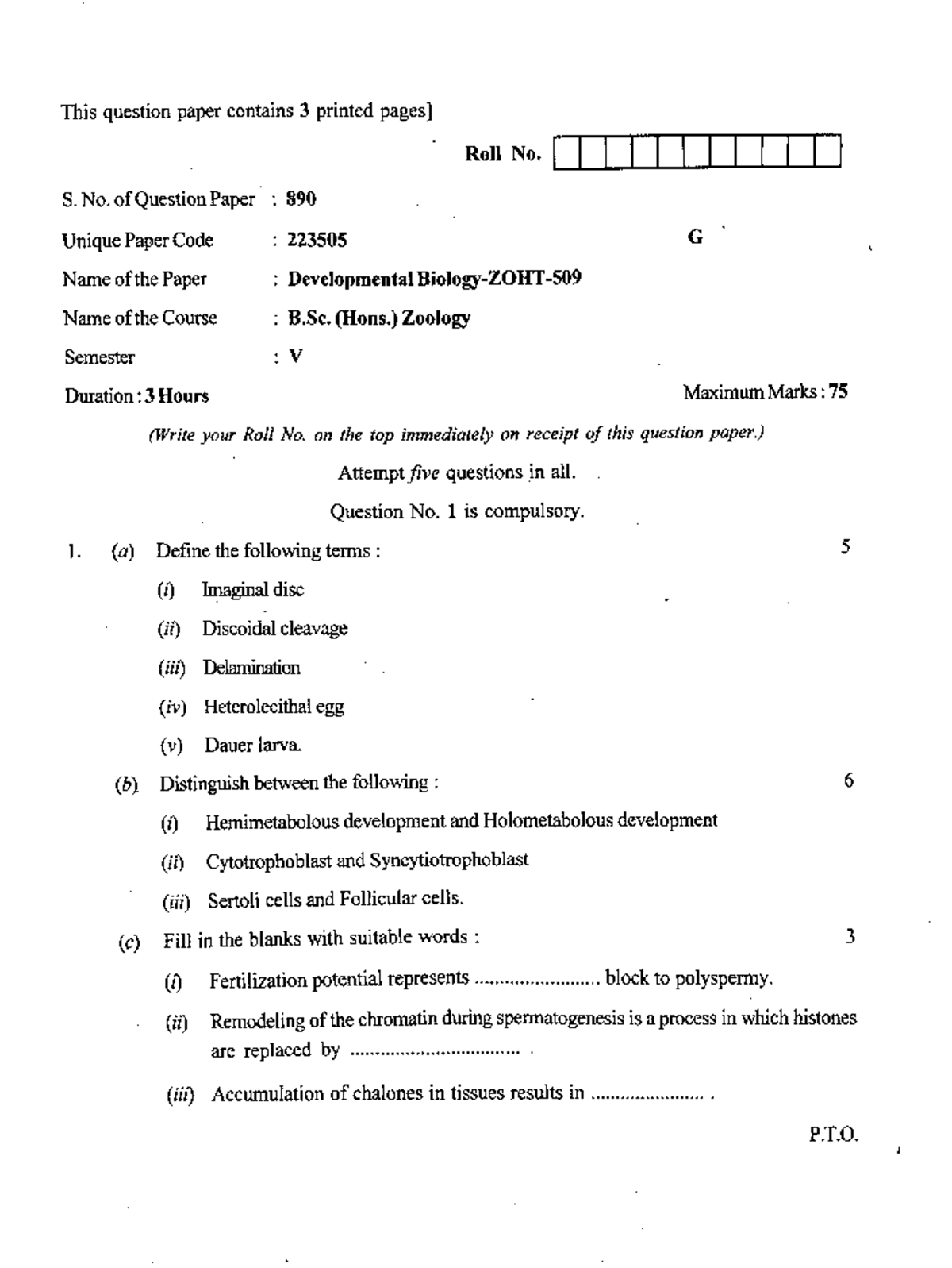 B.Sc. (Hons.) Zoology V - Developmental Biology Exam Paper ZOHT-509 ...