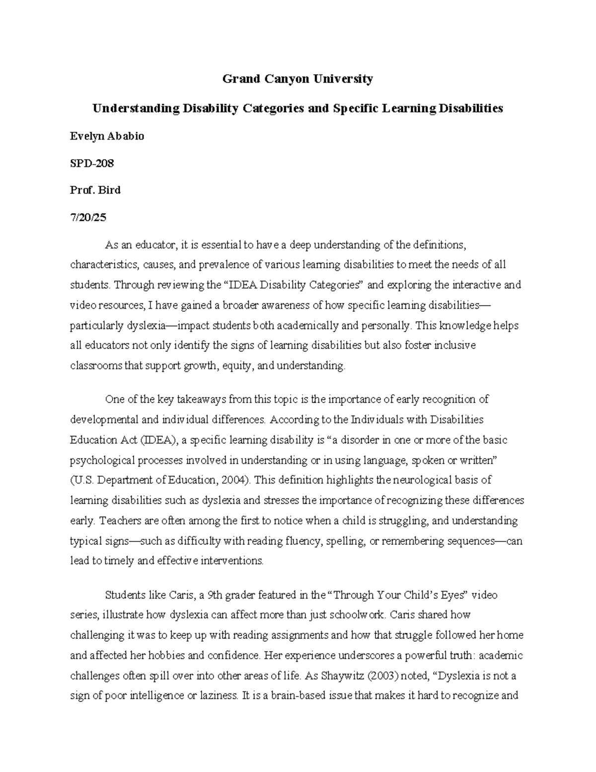 SPD-208 Understanding Disability Categories & Learning Disabilities ...
