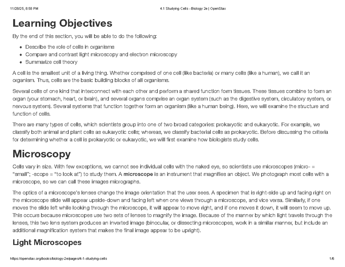 4.1 Studying Cells - Biology 2e OpenStax Overview and Learning Goals ...