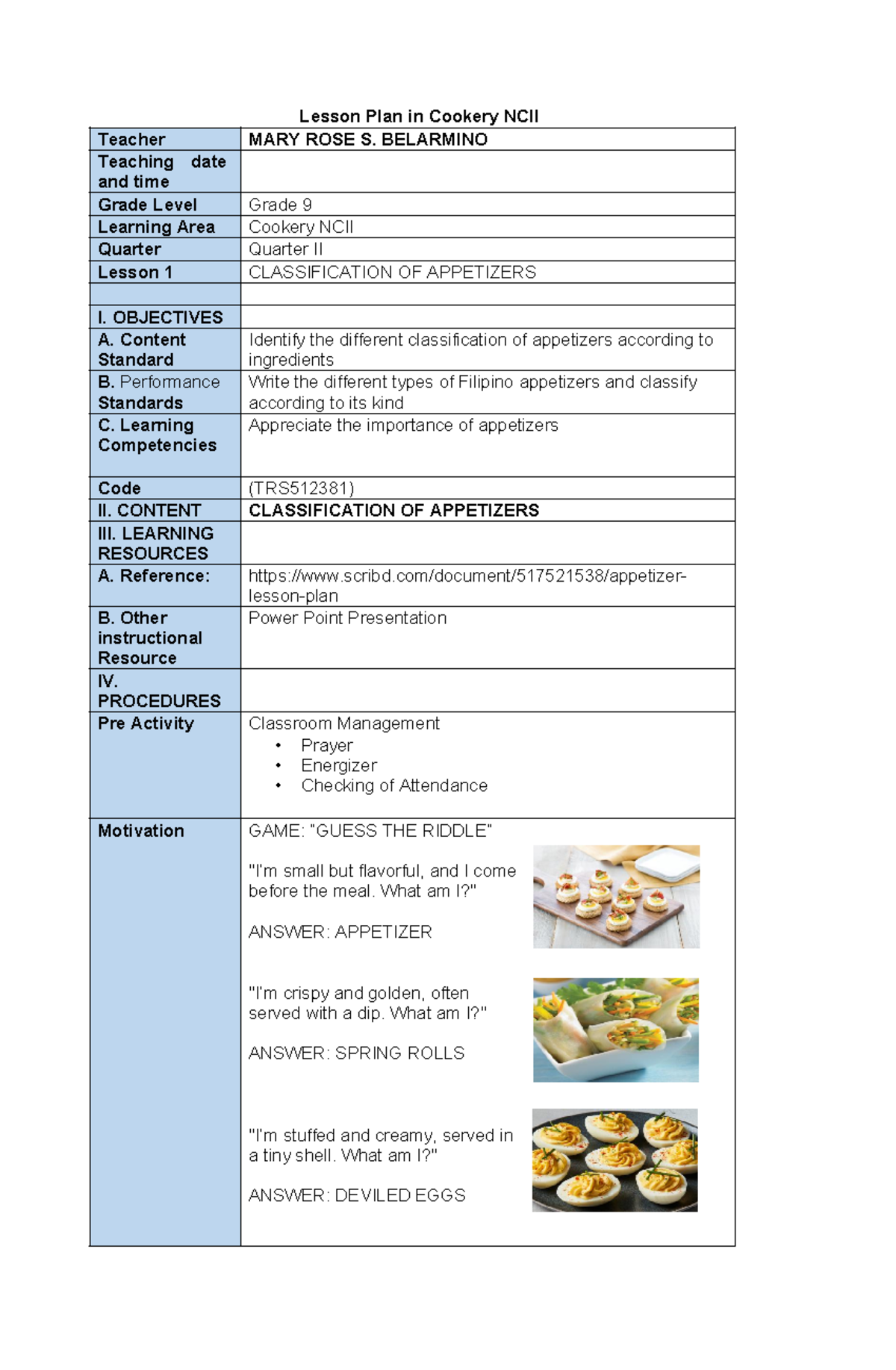 Lesson PLAN IN Appetizer - Lesson Plan in Cookery NCII Teacher MARY ...